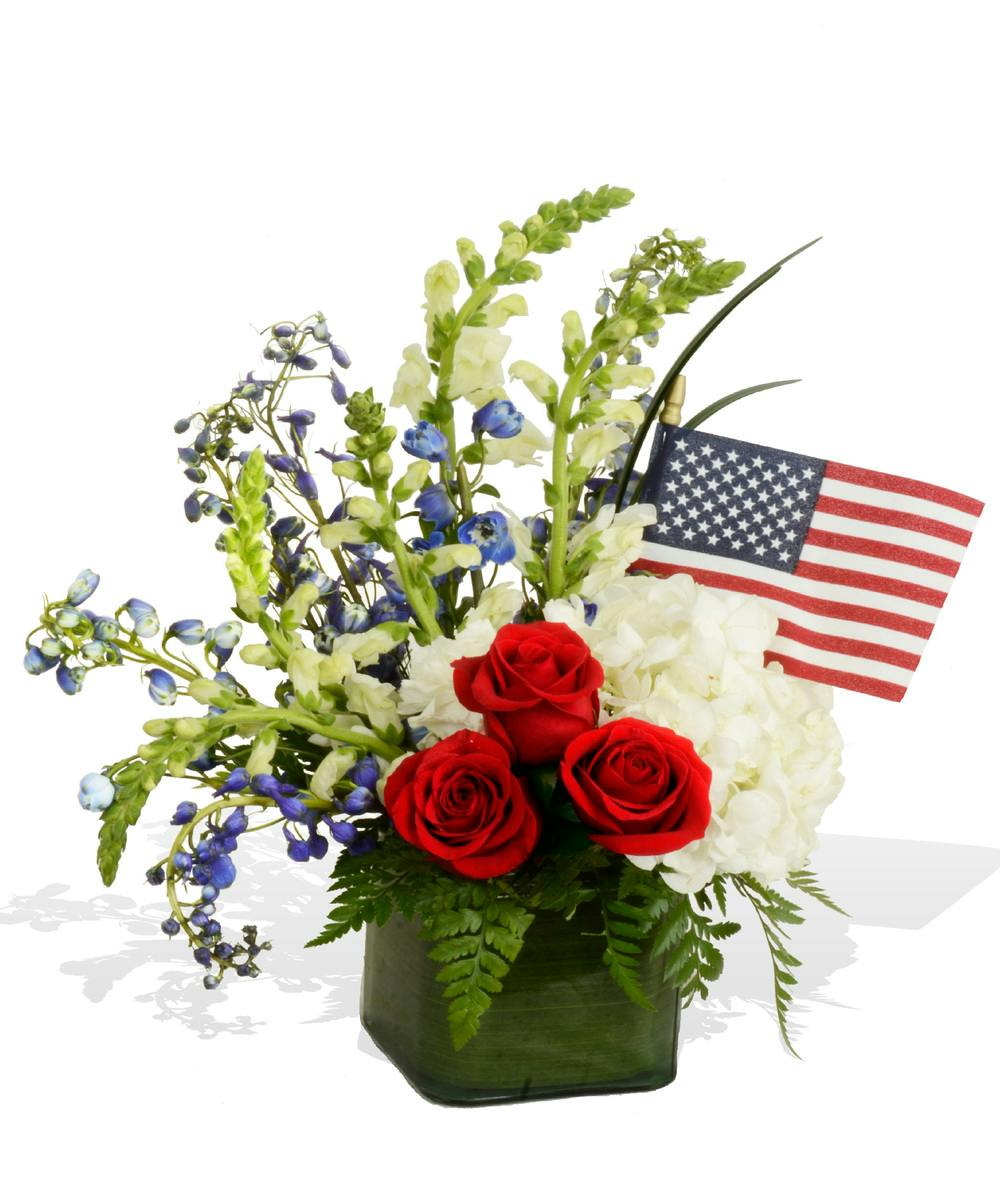 Blue Hydrangea Red Roses and Snapdragons in a leafwrap cube delivered ...